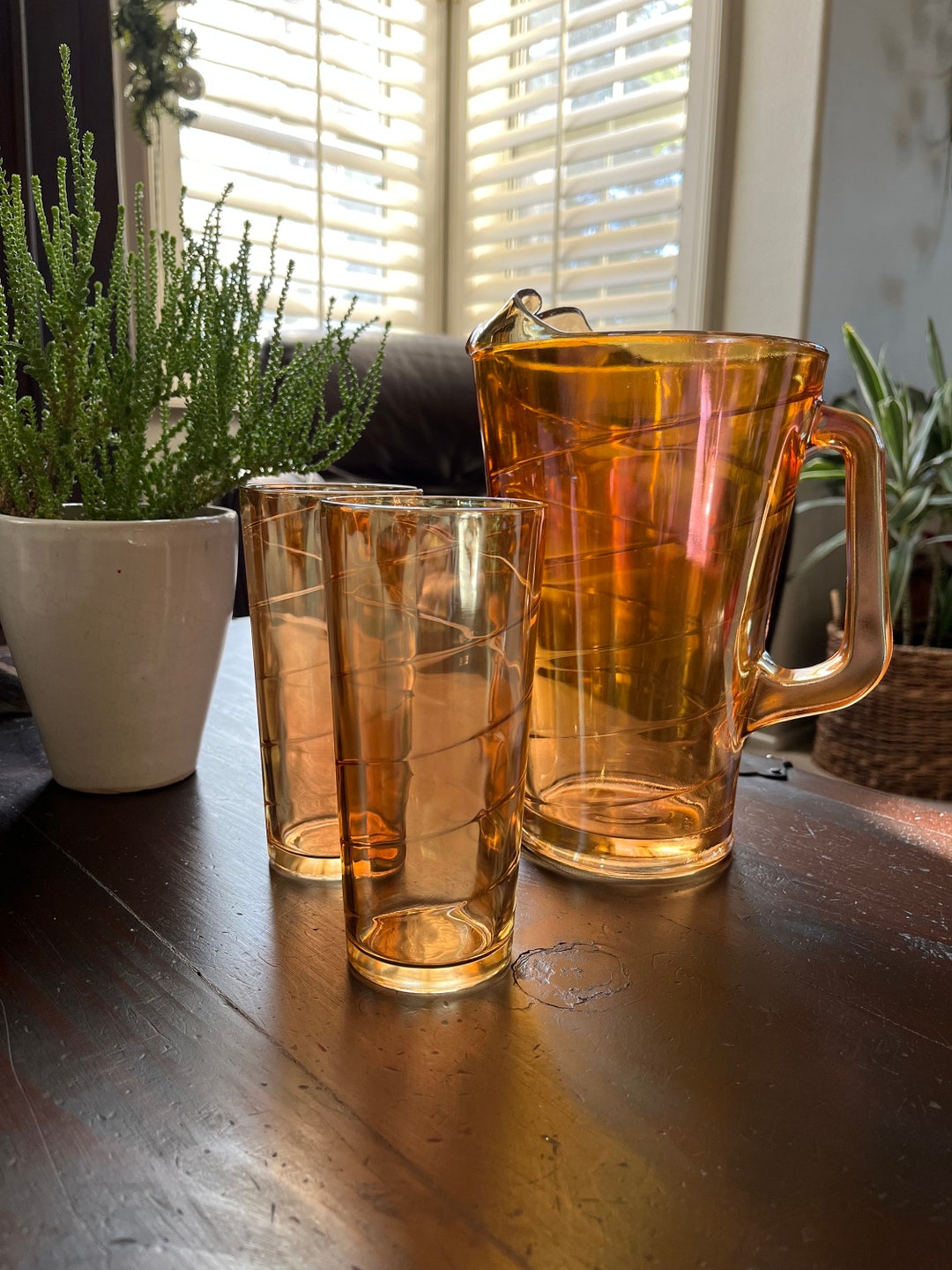 Carnival Glass Lusterware Amber Pitcher With 2 Tall Glasses MCM - Etsy
