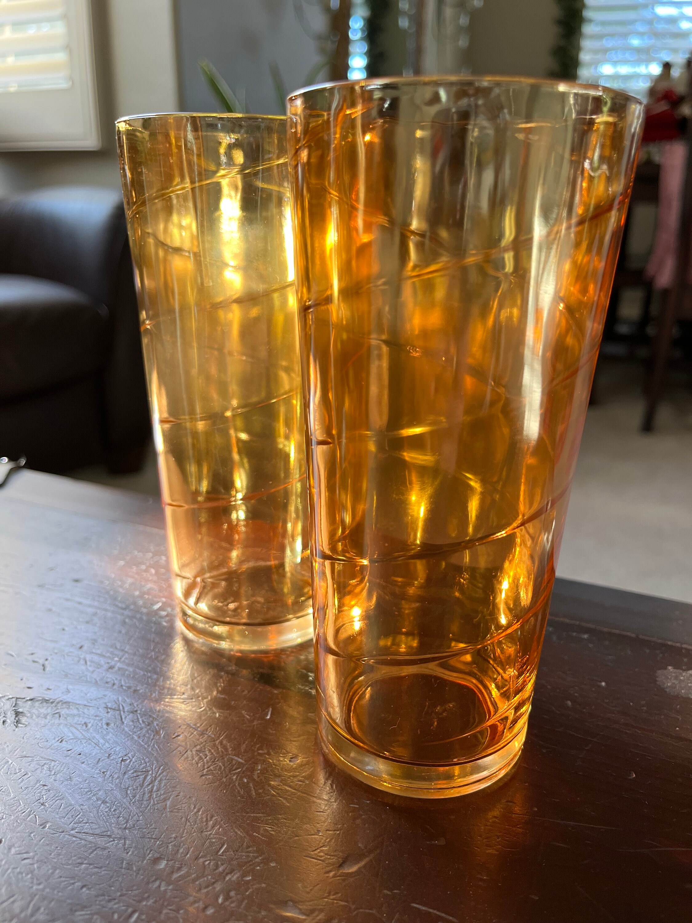 Carnival Glass Lusterware Amber Pitcher With 2 Tall Glasses MCM - Etsy