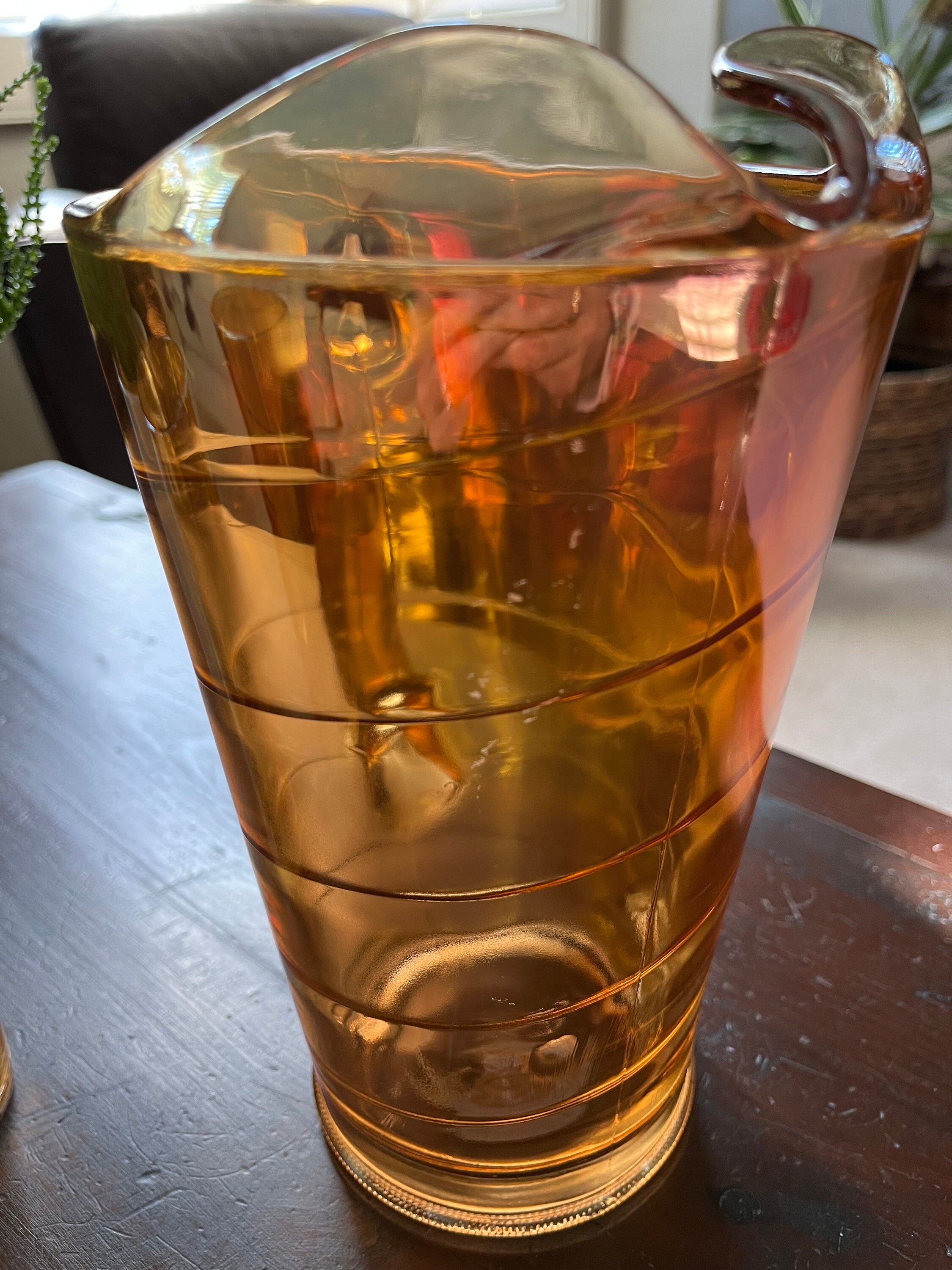 Carnival Glass Lusterware Amber Pitcher With 2 Tall Glasses MCM - Etsy