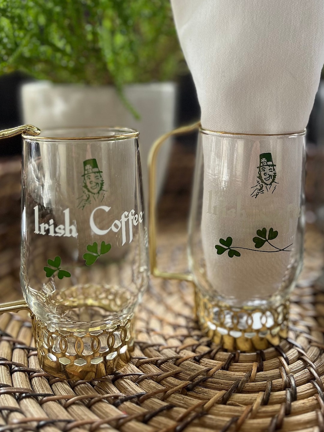 Vintage Irish Coffee Cups Set of 2-leprechaun/glass With Brass Holders ...