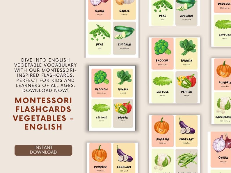 English Vegetable Flashcards: Montessori Learning (digital Download) - Etsy