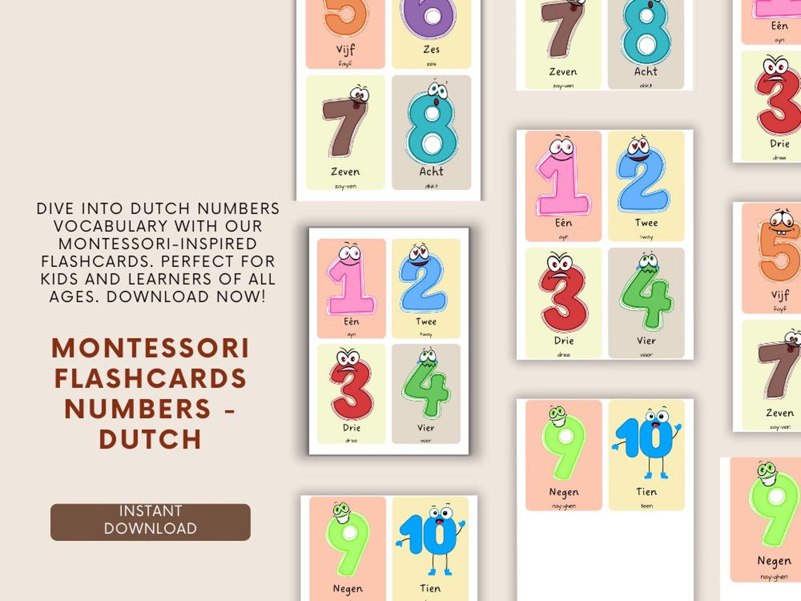 Discover Dutch Number Flashcards (1-10) Montessori Educational Material ...