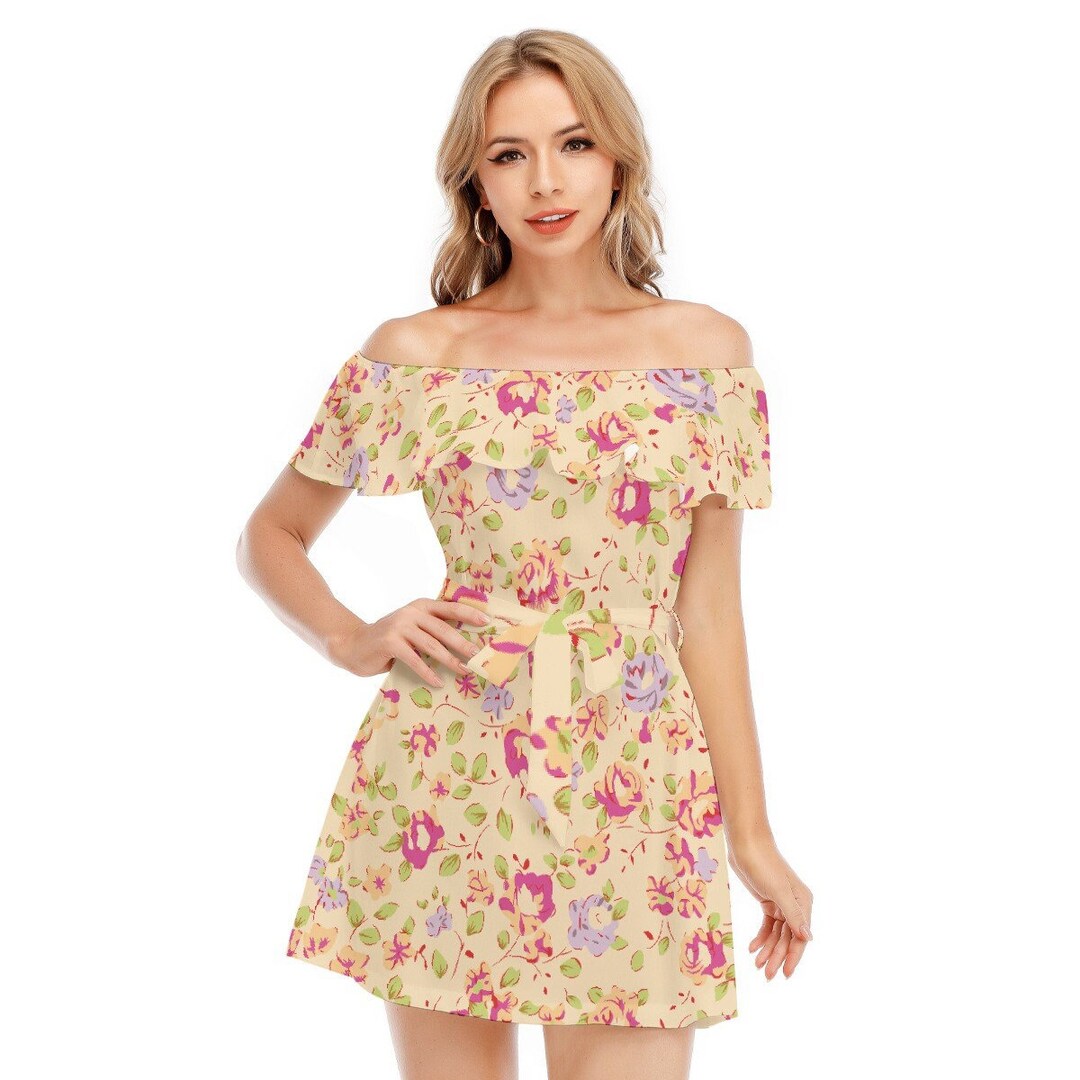 Off-shoulder Micro Mini Dress With Ruffled Top and Waist Tie for Women ...