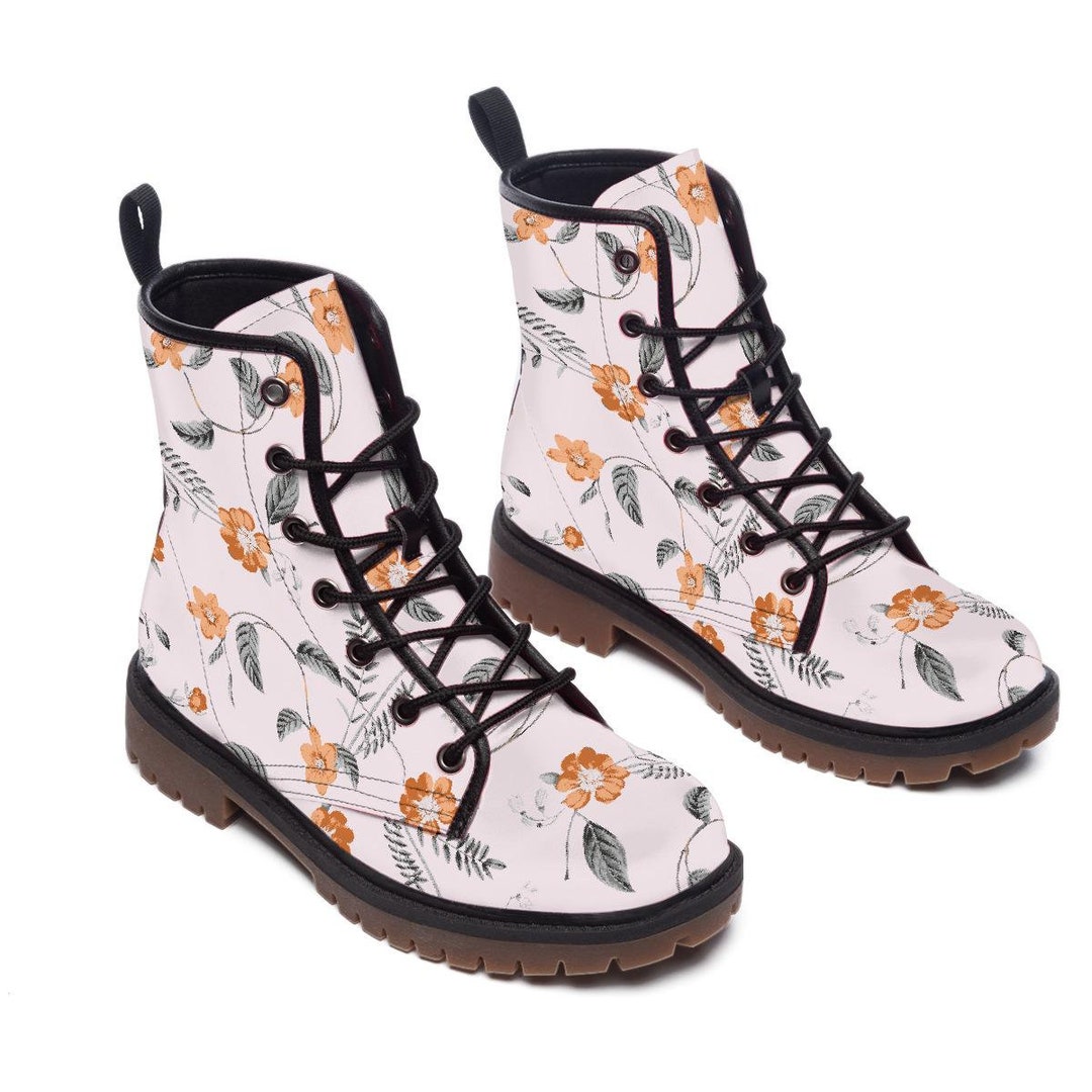 Pink Cottagecore Vegan Combat Boots for Women All-over Print Floral ...