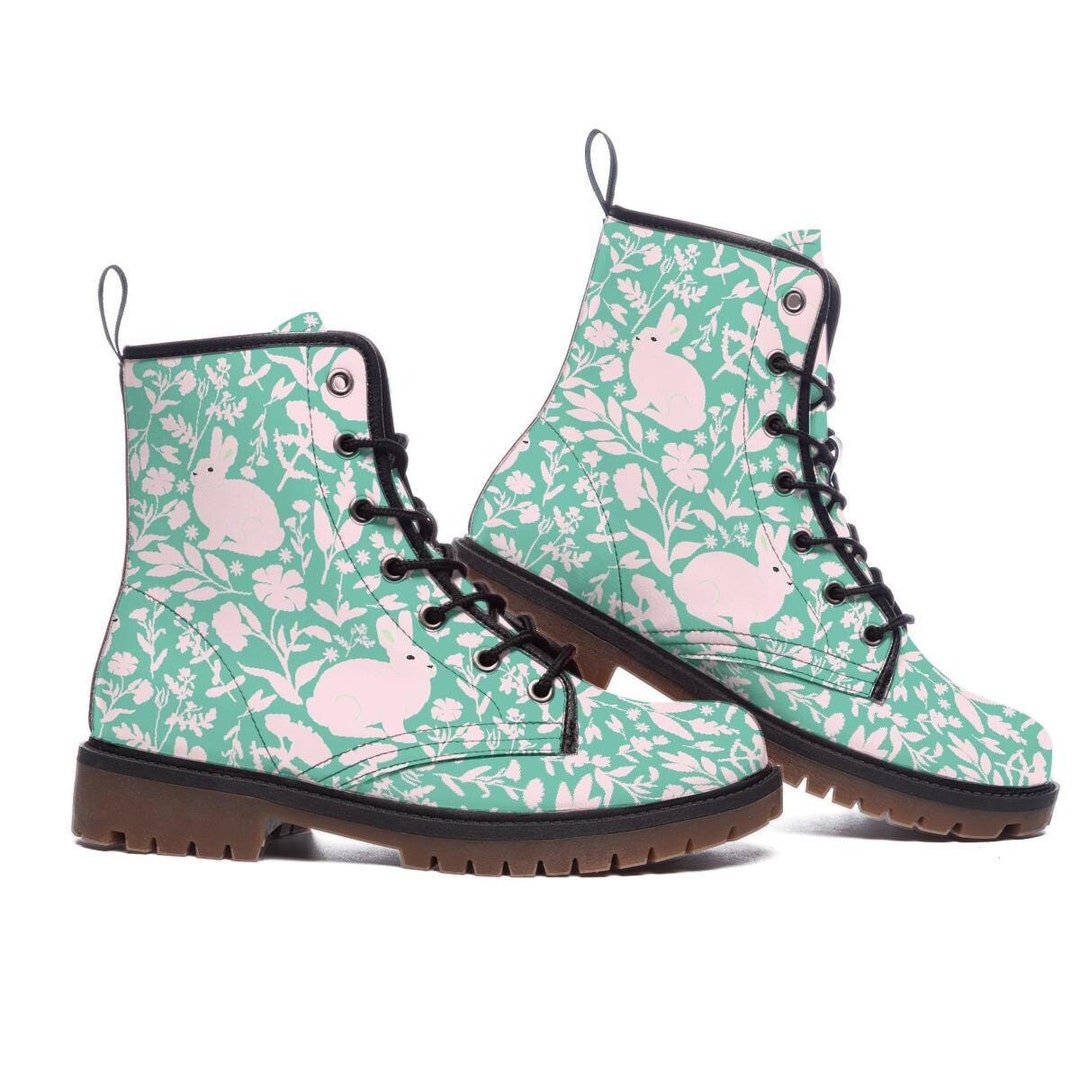 Cottagecore Rabbit Vegan Lace up Boots for Women Floral Print Martin ...