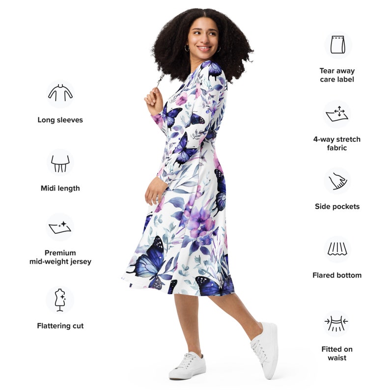 Purple Butterfly Midi Dress Long Sleeves With Pockets, Cottagecore Winter Dress for Petite to ...