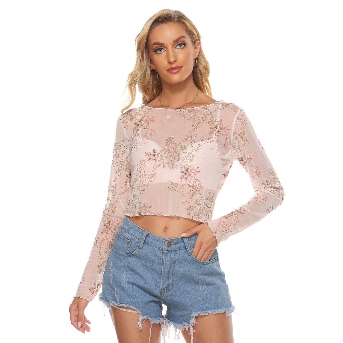 Pink Sheer Crop Top Floral Long Sleeve Shirt for Women XS-2XL ...
