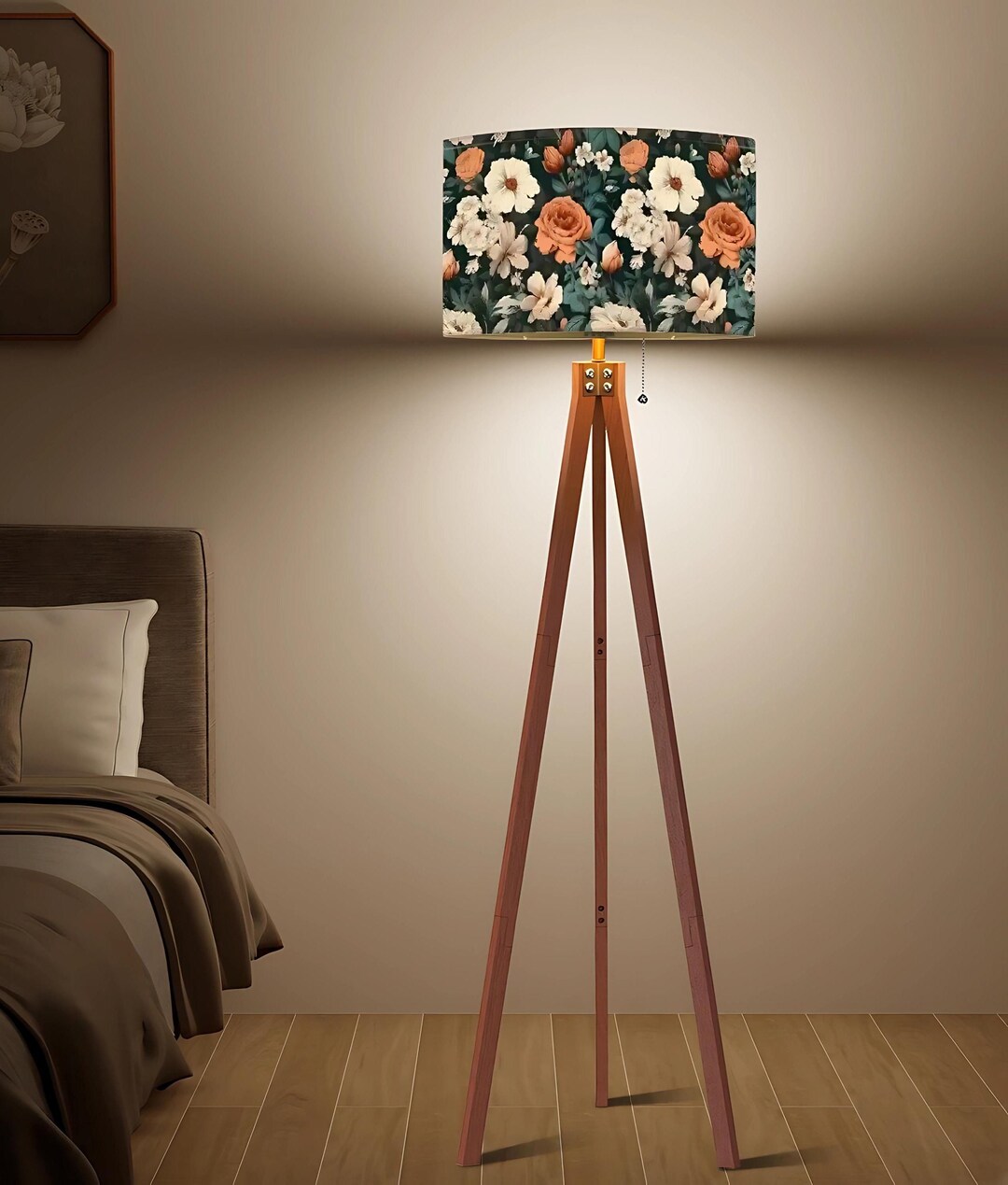 Cottagecore Wooden Floor Lamp Tripod Style With Linen Shade, Remote ...