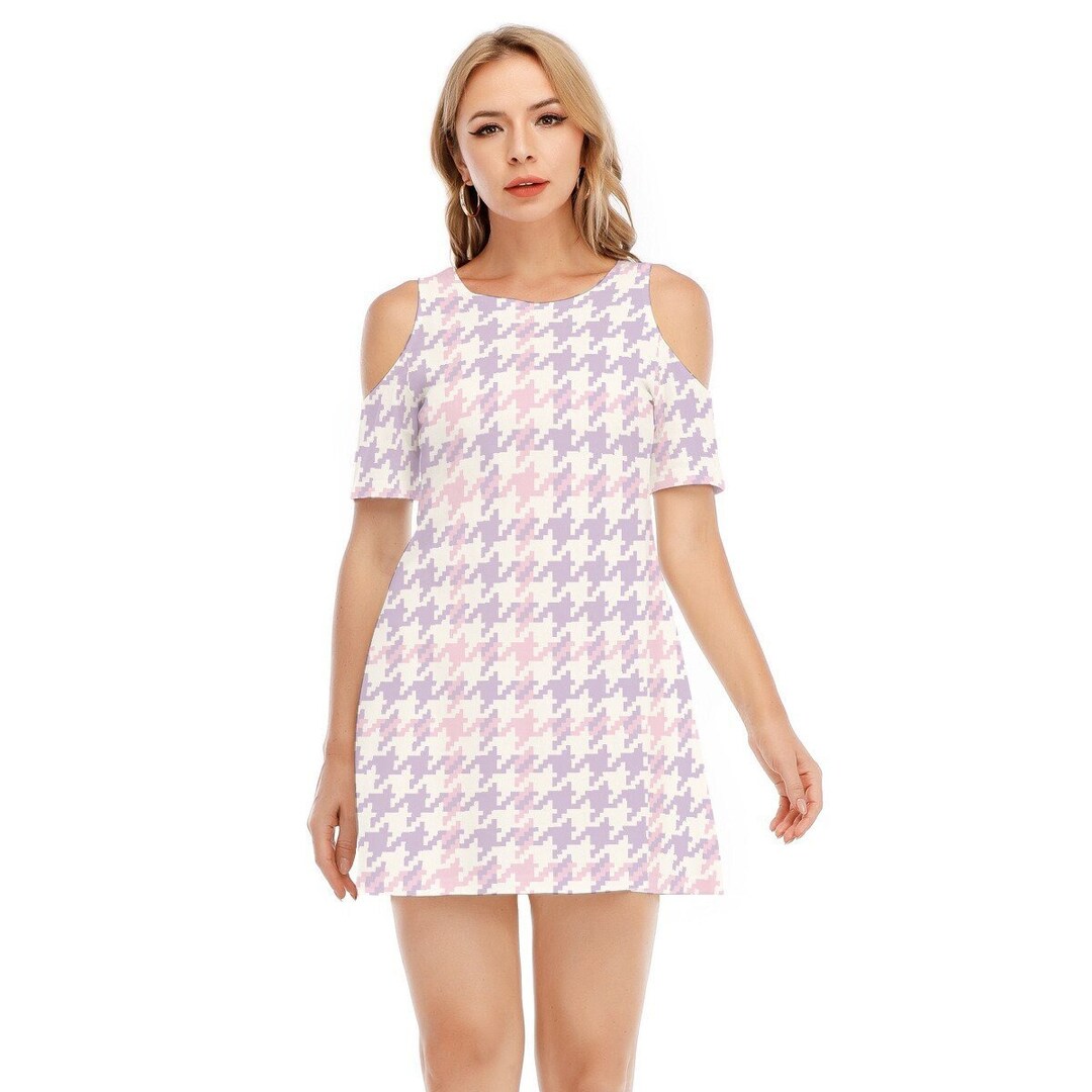 Mini Dress 100% Cotton Houndstooth Crew Neck Cold Shoulder Short Sleeve ...