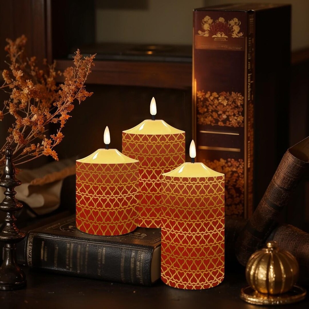 Flameless Candle Boho Red & Gold Lamp Set of 3 With Remote Control ...