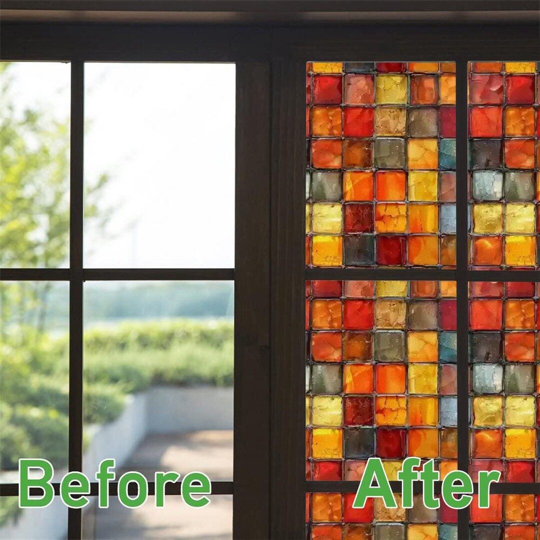 Window Privacy Film, Faux Square Stained Glass Covering, Easy Install ...