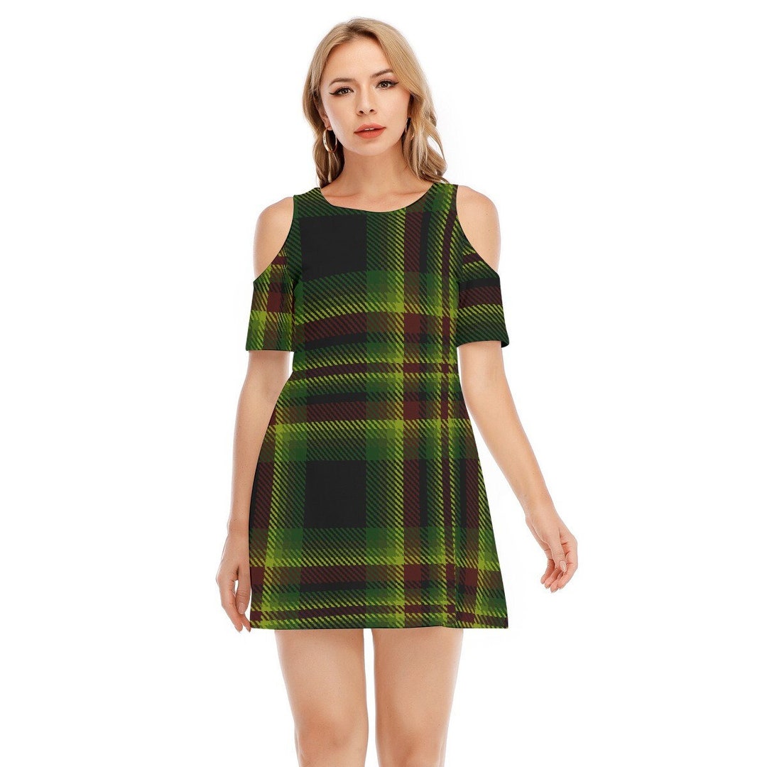 Plaid Mini Dress Cold Shoulder, 100% Cotton, Crew Neck, Short Sleeve ...