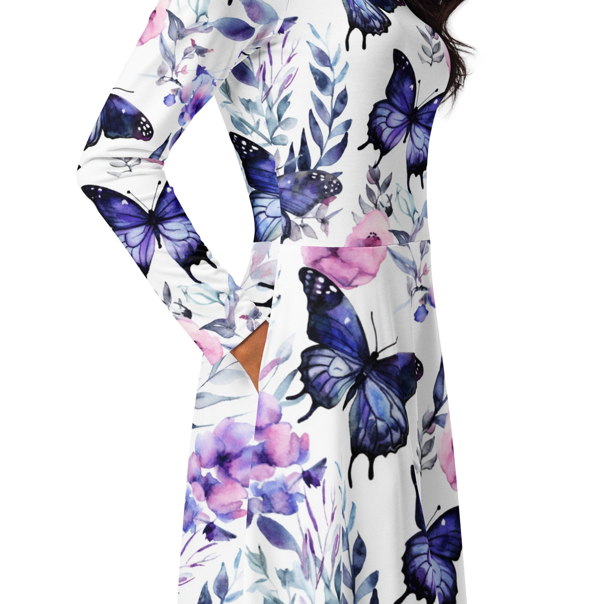 Purple Butterfly Midi Dress Long Sleeves With Pockets, Cottagecore Winter Dress for Petite to ...