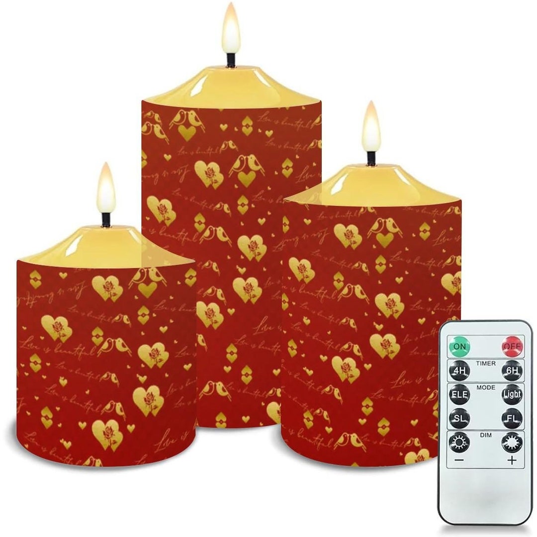 Flameless Candle Boho Red & Gold Lamp Set of 3 With Remote Control ...