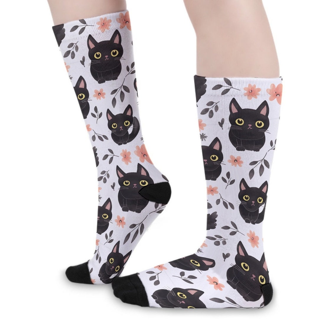 Boho Cat Paw Socks, Floral Cat Knee High Socks Soft Polyester-cotton ...