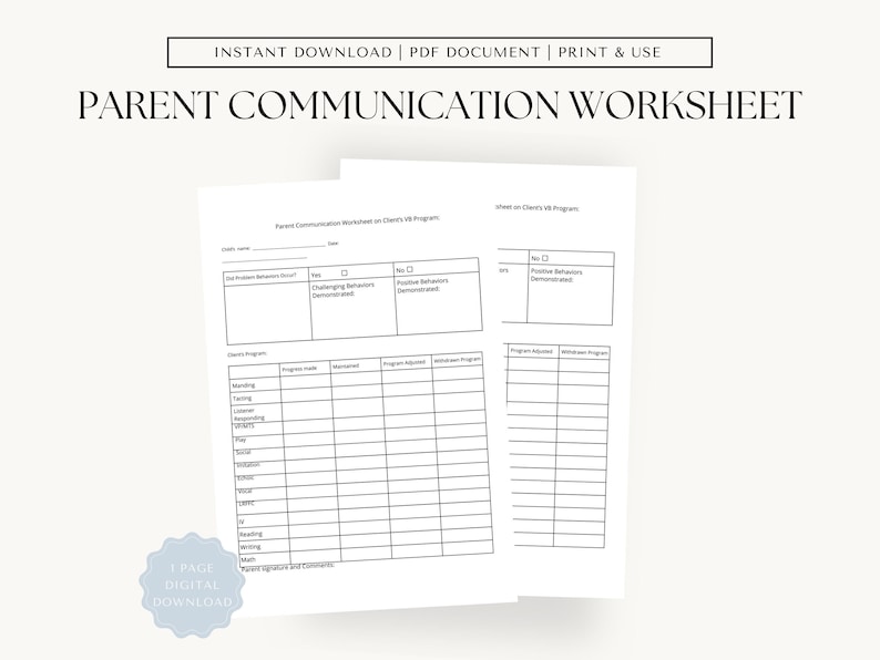 Parent Communication Worksheet, Parent Teacher Log, Student Progress ...