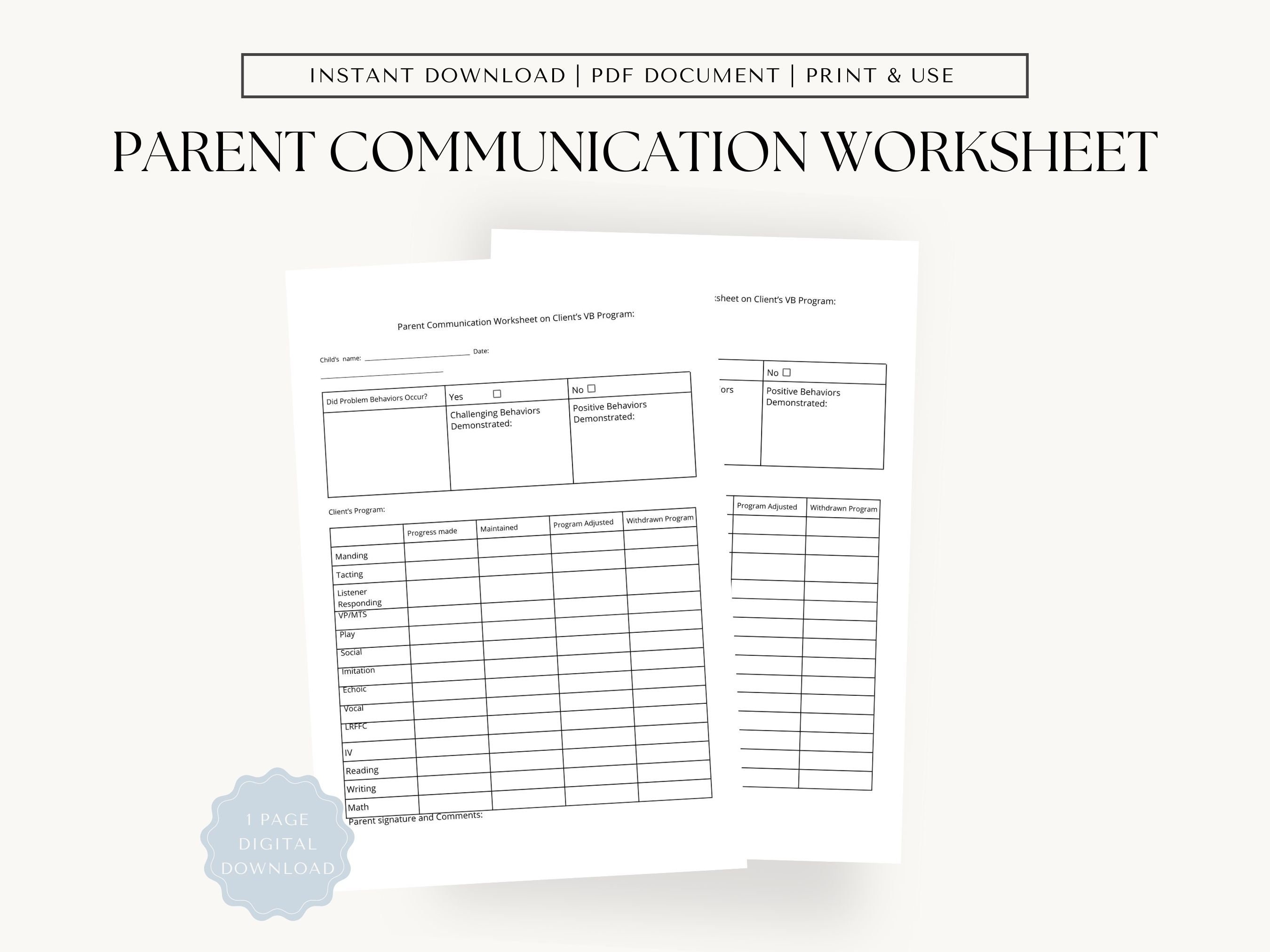 Parent Communication Worksheet, Parent Teacher Log, Student Progress ...