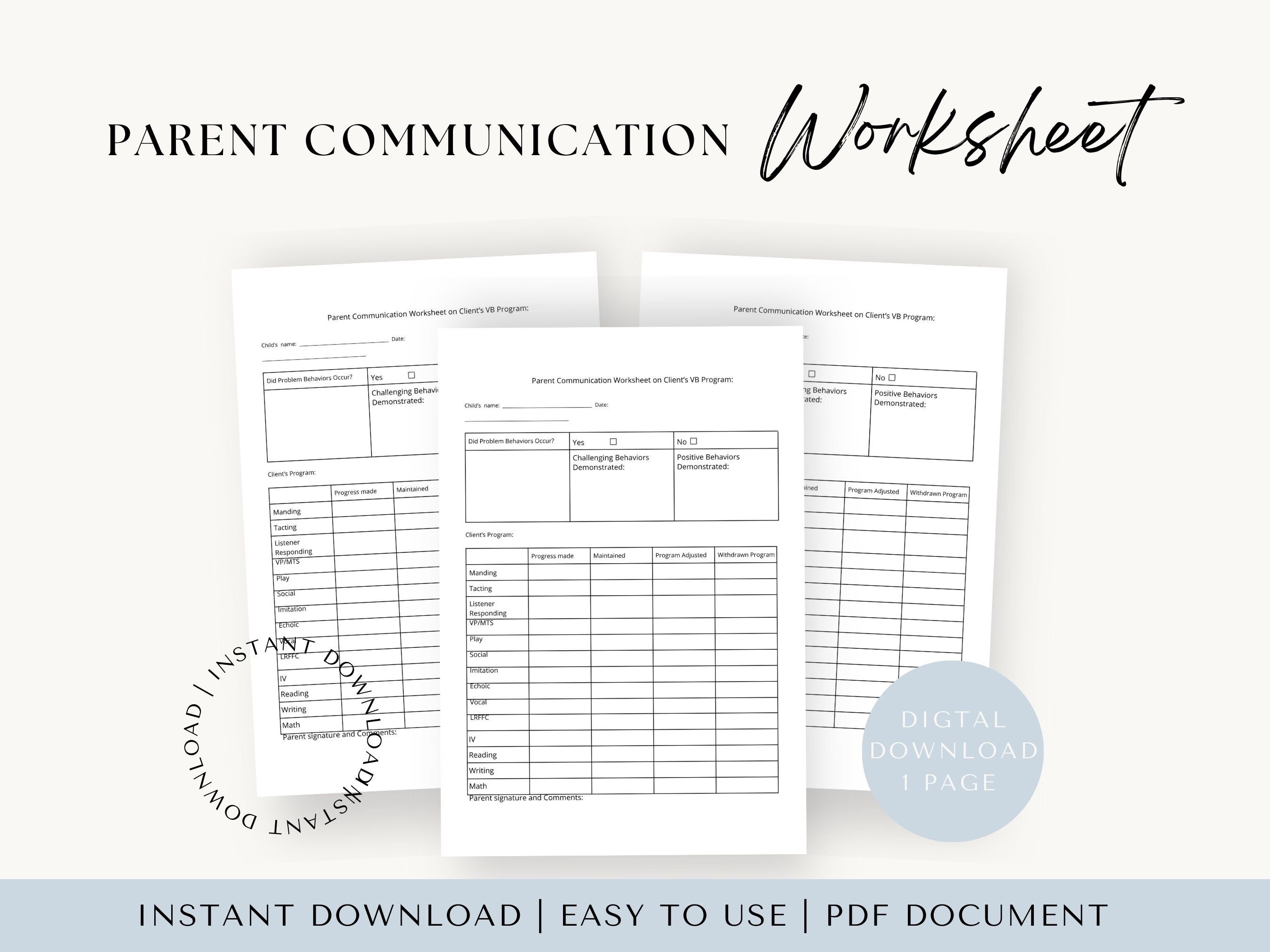 Parent Communication Worksheet, Parent Teacher Log, Student Progress ...