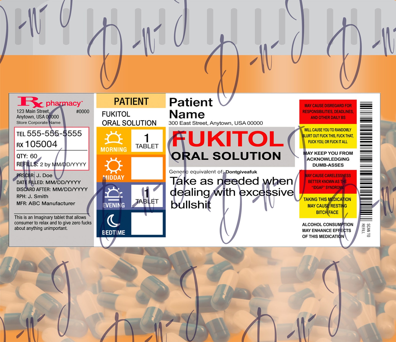 Funny Prescription Label Fukitol Tablets Design Digital Download ...