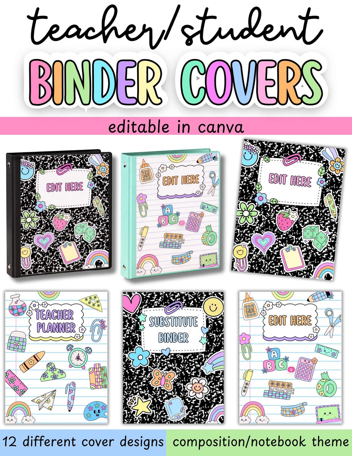 Editable Binder Covers and Spines | Colorful Composition Notebook ...
