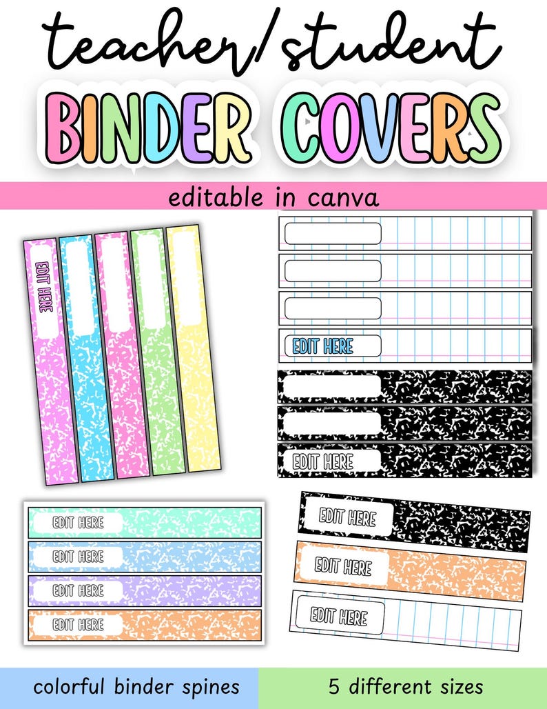 Editable Binder Covers and Spines | Colorful Composition Notebook ...
