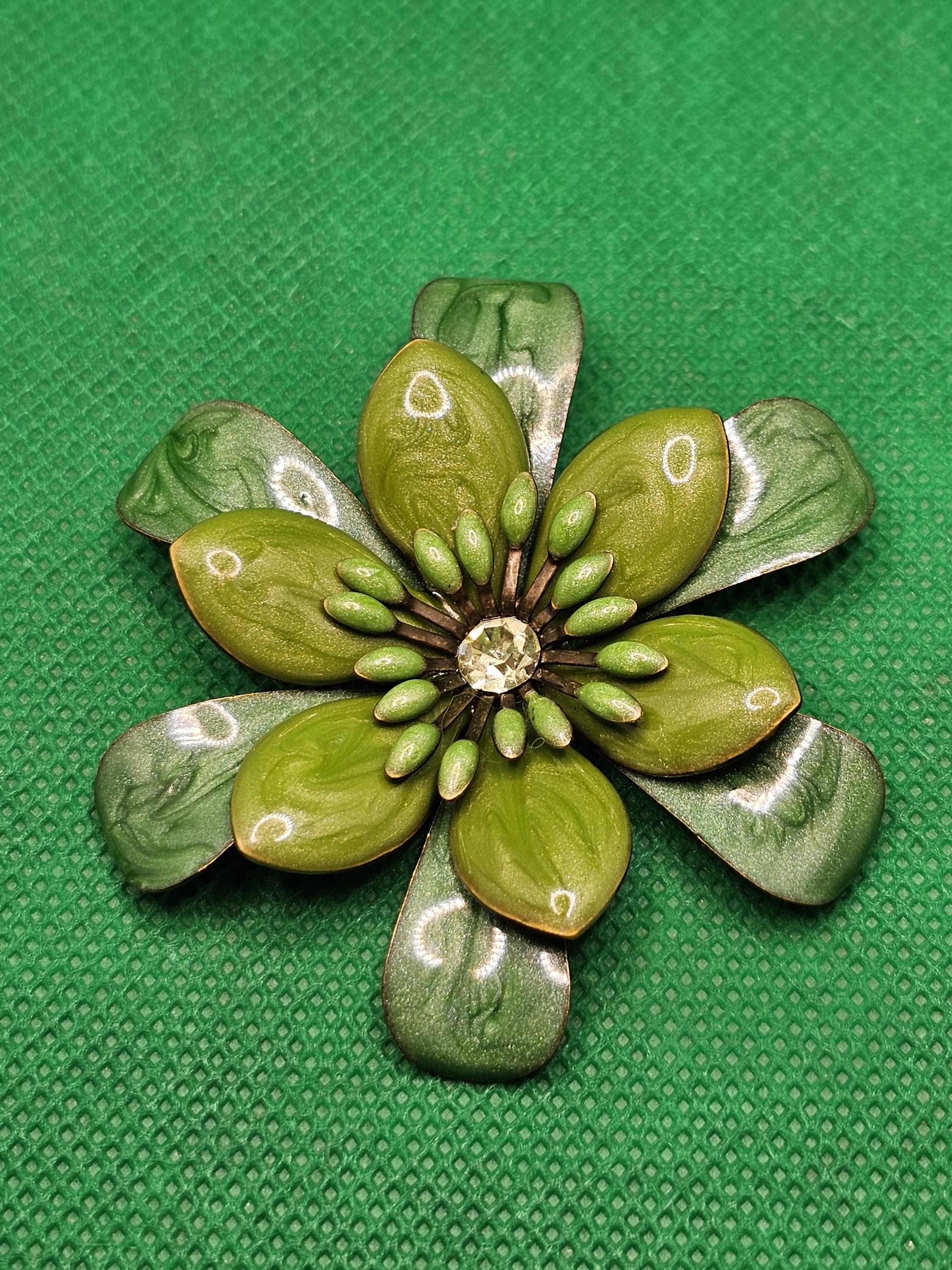 Vintage Cooper and Enameled Green Flower Brooch - Etsy