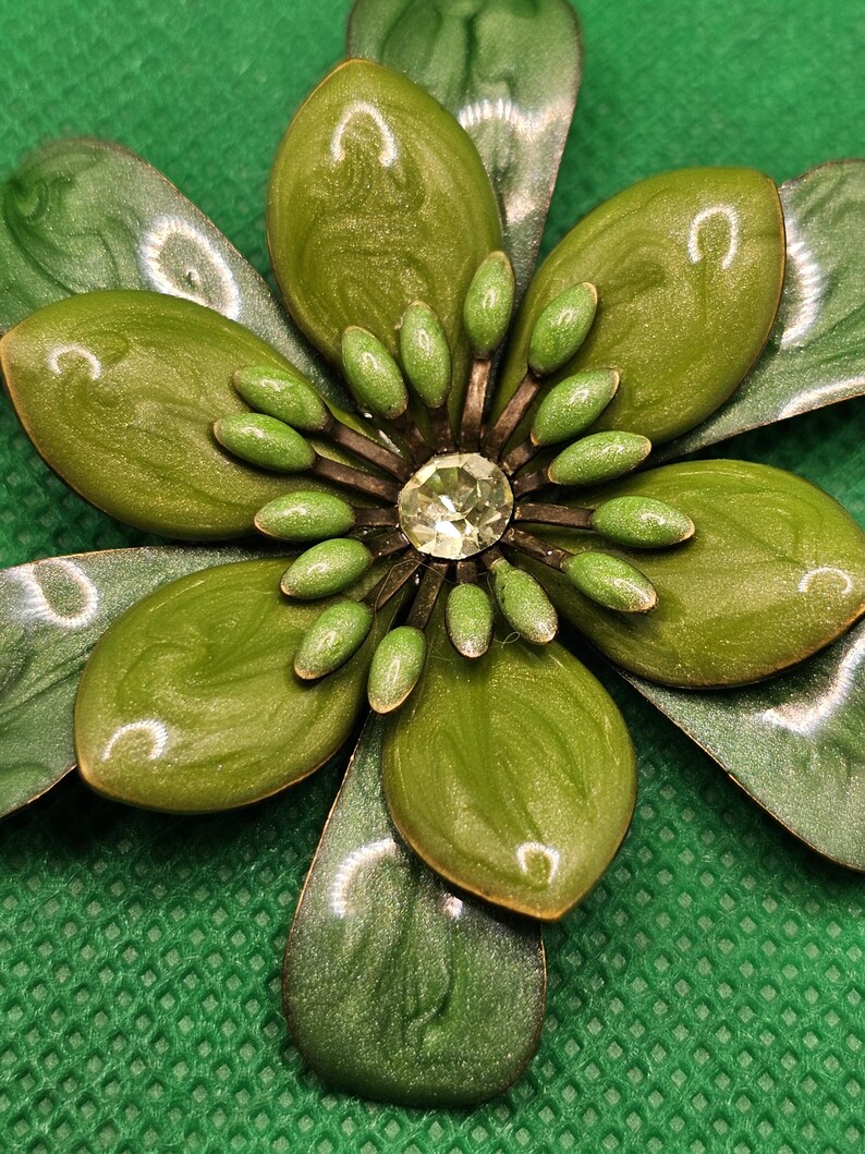 Vintage Cooper and Enameled Green Flower Brooch - Etsy