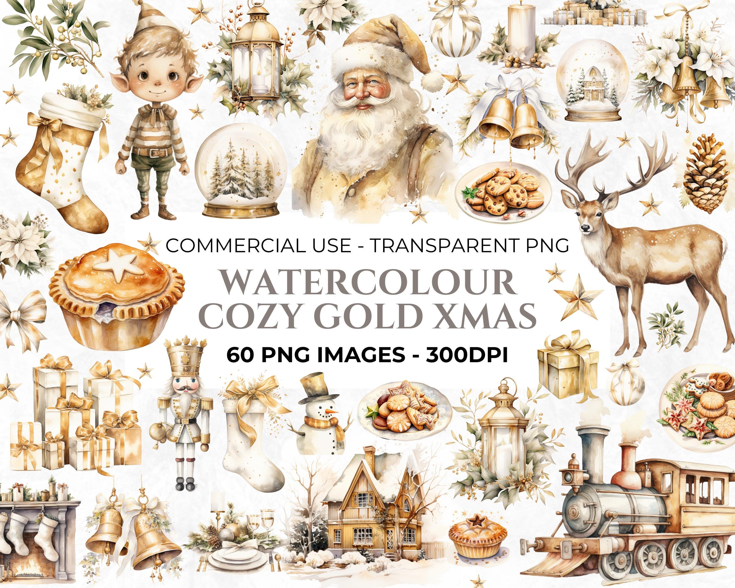 60 Watercolour Cozy Christmas Clipart, Gold Christmas, Elements for ...
