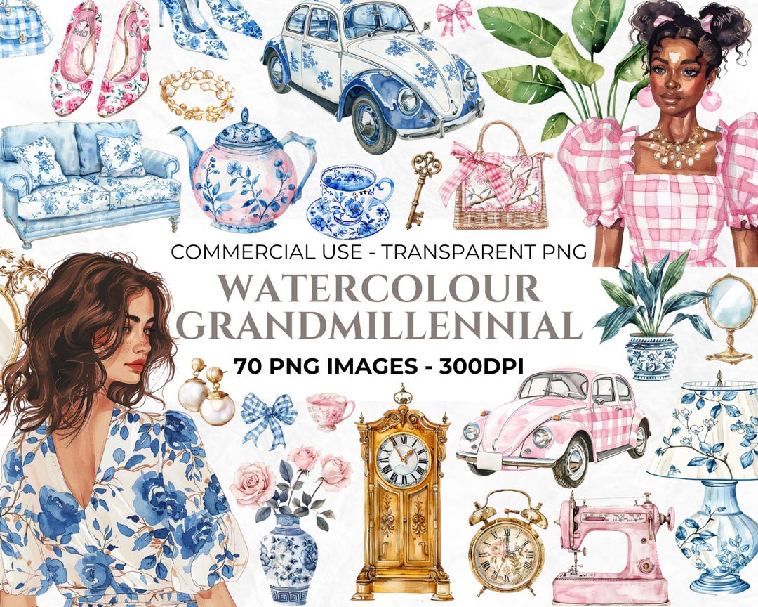 70 Watercolour Grandmillennial Clipart, Gingham Clipart, Vinatage ...