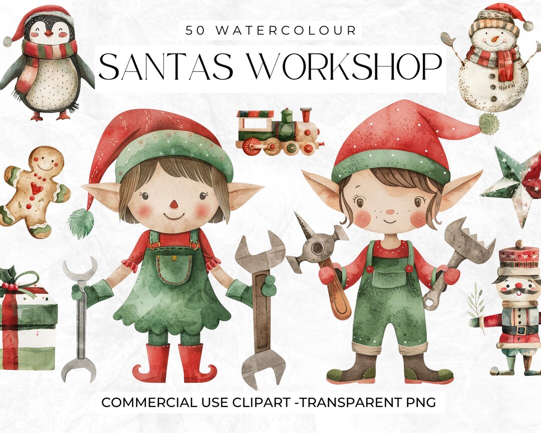 Watercolour Santas Workshop Christmas Clipart, Cute Christmas, Santa ...