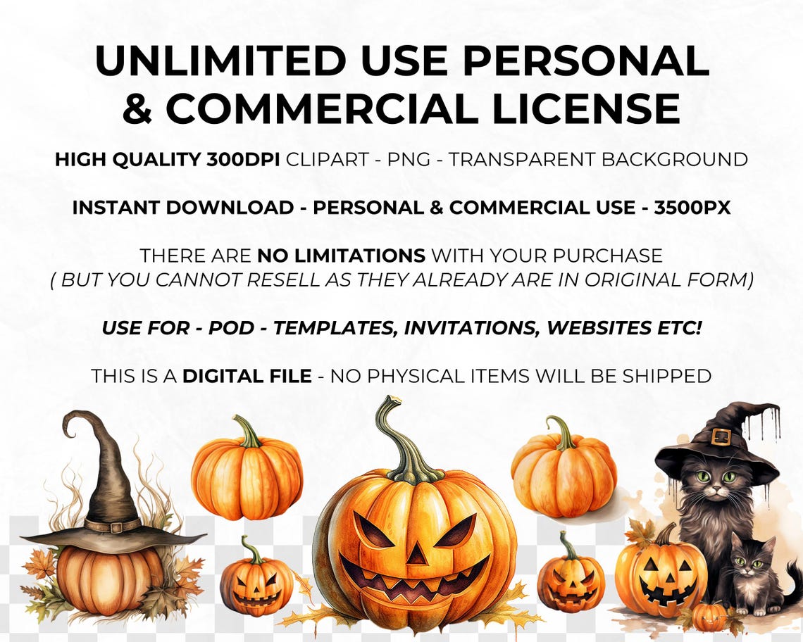 50 Jack O' Lanterns Clipart, Watercolour Halloween PNG, Carved Pumpkin ...