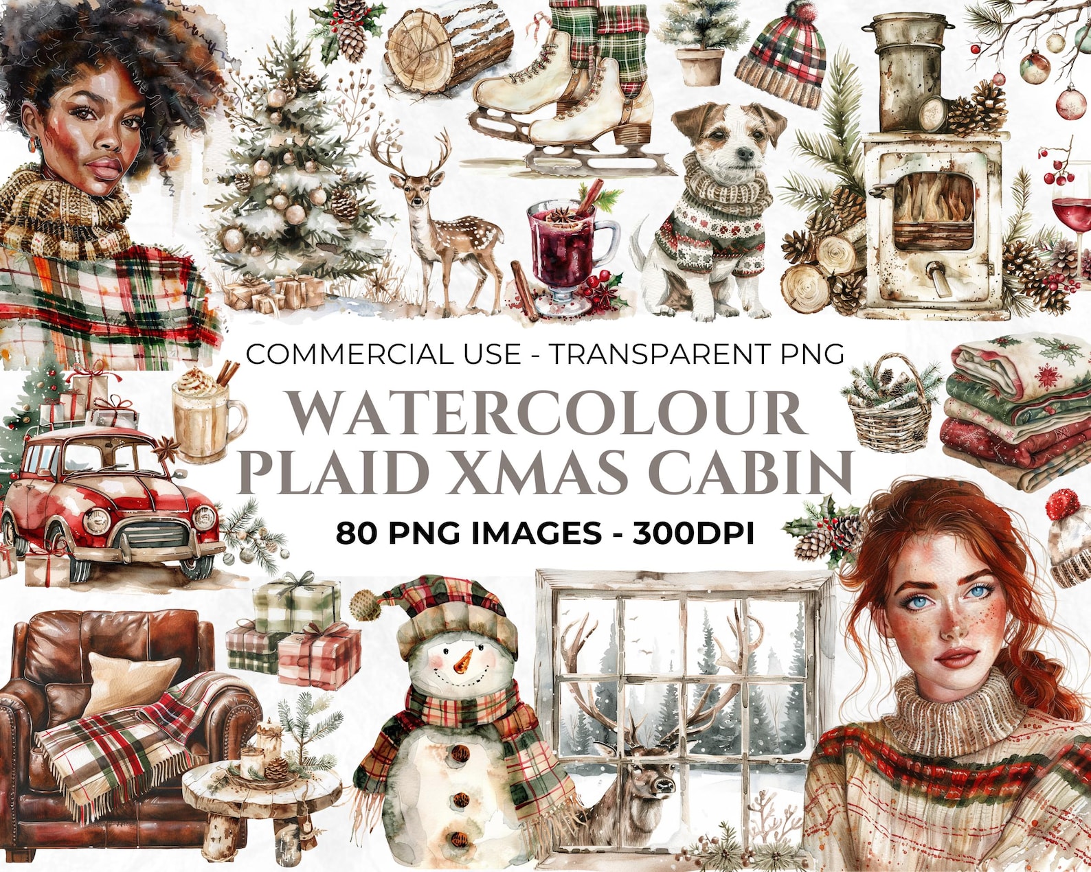 80 Watercolour Christmas Clipart, Cozy Cabin Clipart, Rustic Christmas ...