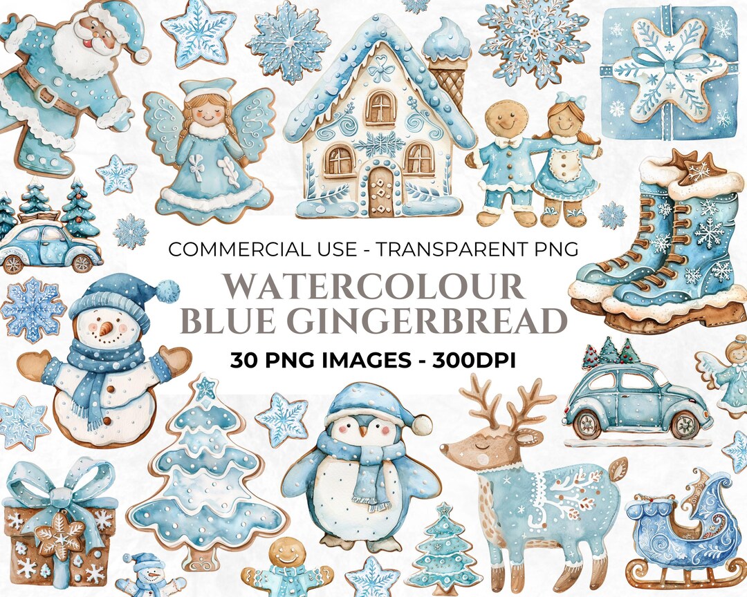 30 Blue Gingerbread Clipart, Watercolour Gingerbread Cookie PNG ...