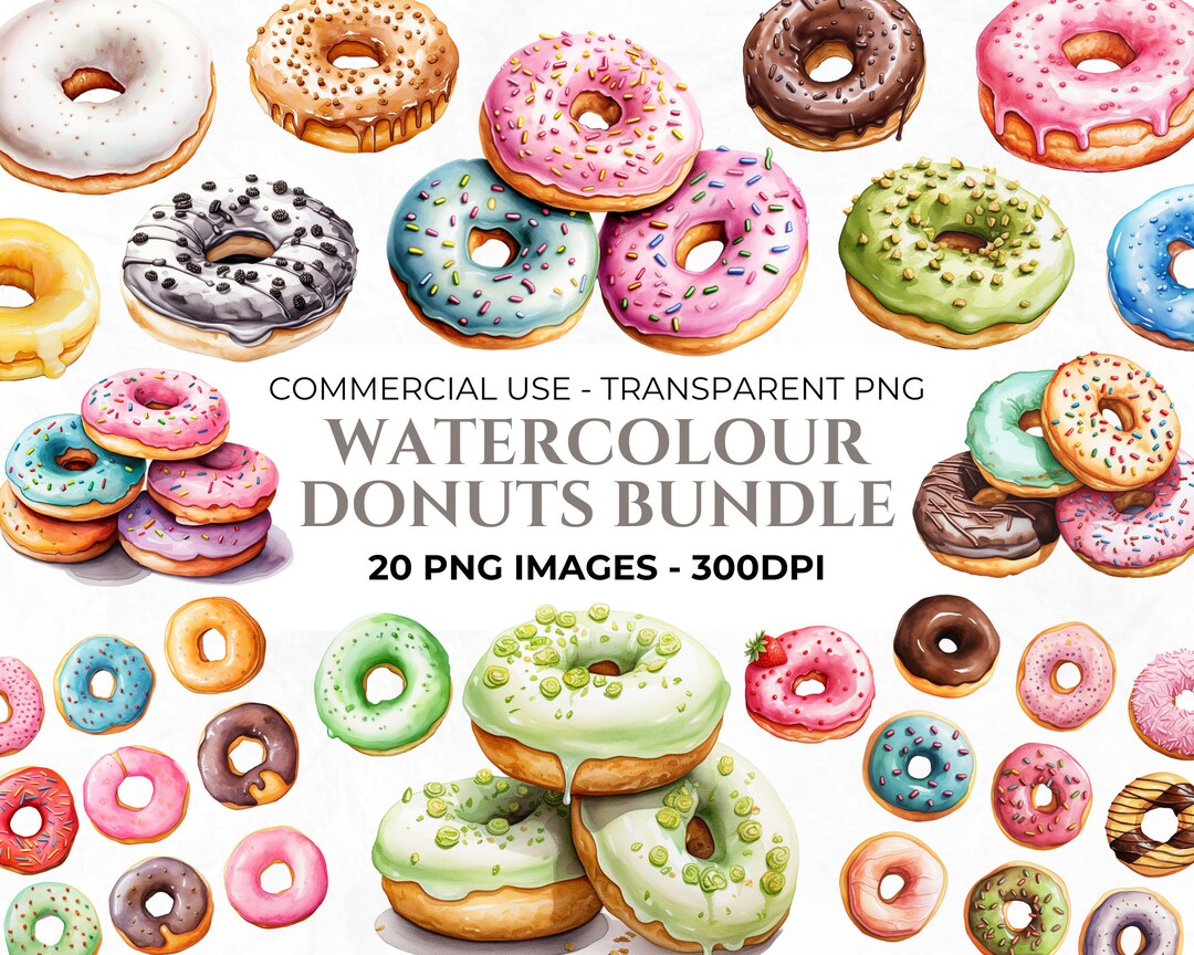 20 Watercolour Donuts Clipart, Food Clipart, Dessert PNG Bundle ...