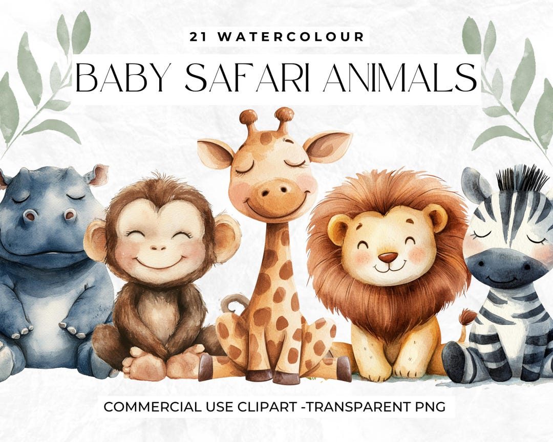 Watercolour Baby Safari Clipart, Lion, Giraffe, Elephant, Monkey, Wild ...