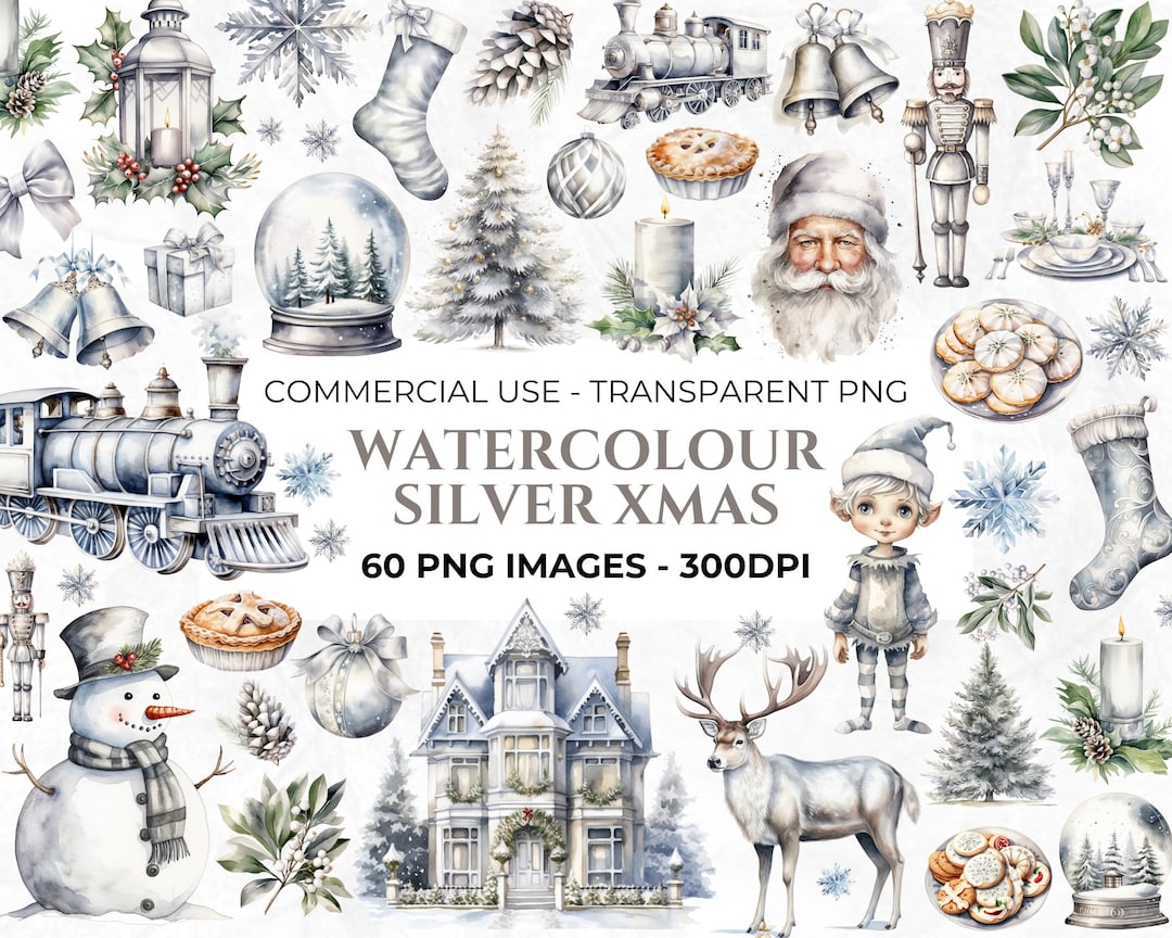 60 Watercolour Silver Christmas Clipart, Elements for Christmas Crafts ...
