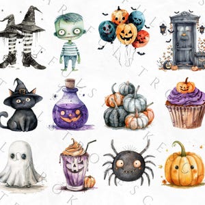 70 Watercolour Cute Halloween Clipart, Scary PNG, Pumpkin, Kids ...