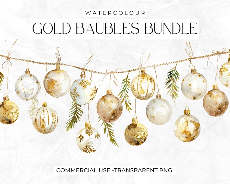 Watercolour Christmas Baubles Clipart, Gold and White Christmas Clipart ...