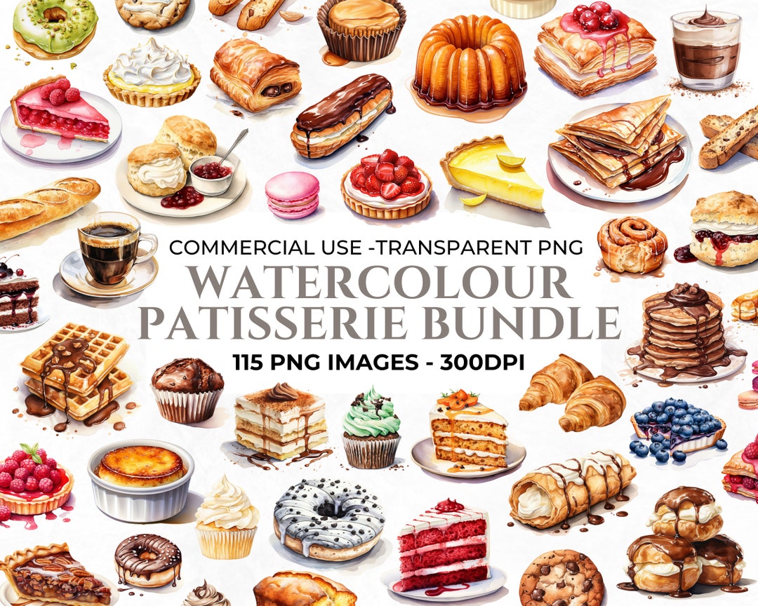 115 Watercolour Patisserie Clipart, Elements for Cafe Clipart, Menu ...