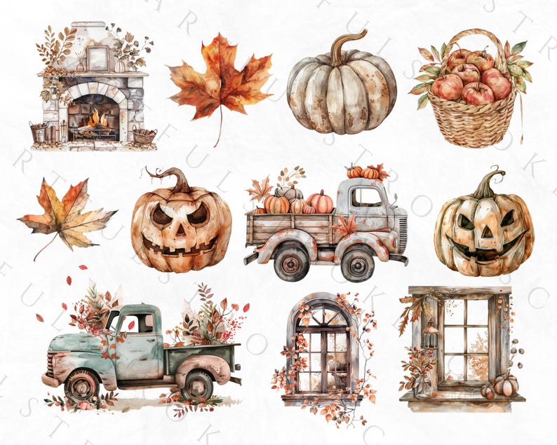 100 Watercolour Autumn Clipart, Fall Clipart, Cozy Autumn PNG Bundle ...