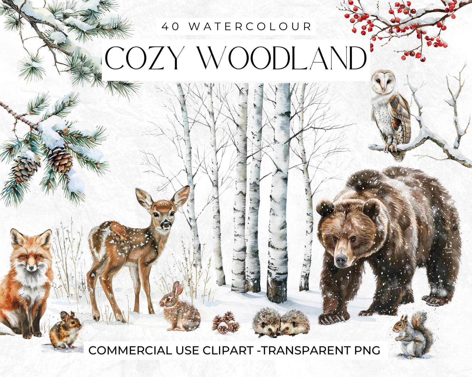 Christmas Woodland Clipart, Forest Animals, Winter PNG, Branches PNG ...