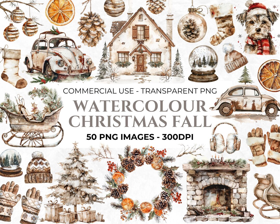 50 Watercolour Christmas Fall Clipart, Christmas Clipart Bundle, Winter ...