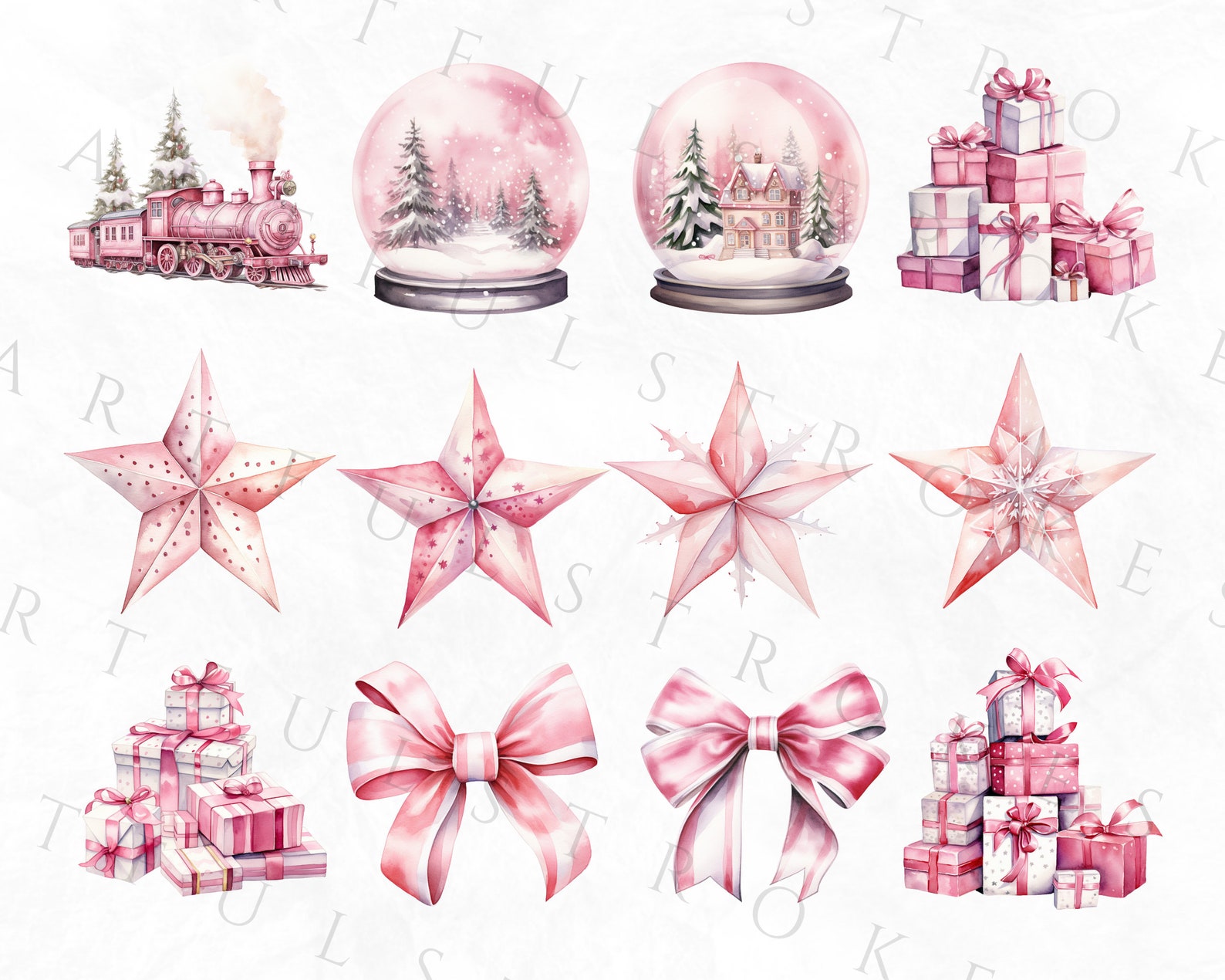 60 Pink Christmas PNG Clipart, Watercolour Pink Christmas, Elements for ...