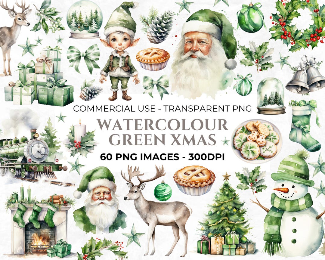 60 Watercolour Cozy Christmas Clipart, Green Christmas, Elements for ...