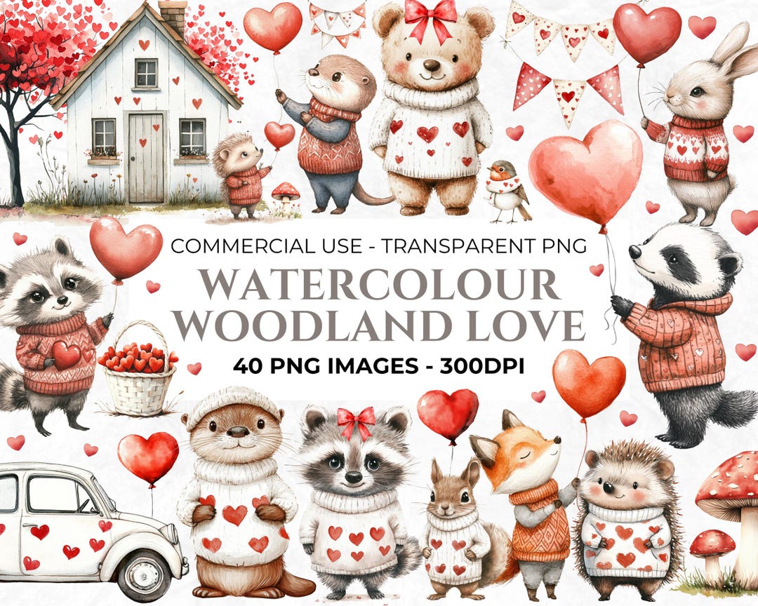 Cute Valentines Day Clipart, Watercolour Valentines Day Animals in ...