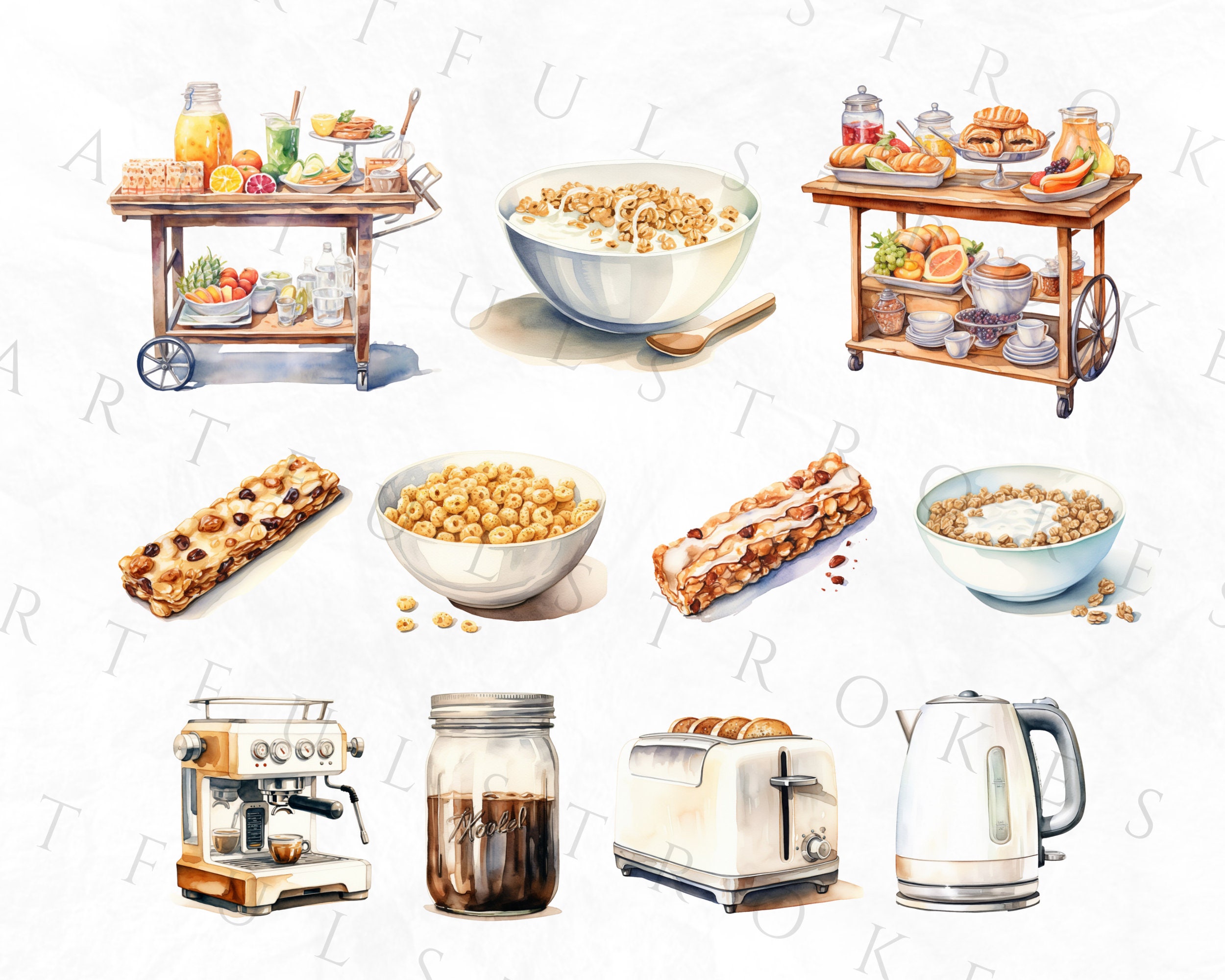 100 Watercolour Breakfast Clipart, Elements for Cafe Clipart, Menu Food ...