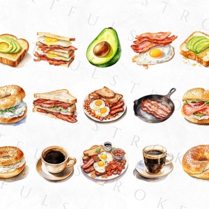 100 Watercolour Breakfast Clipart, Elements for Cafe Clipart, Menu Food ...