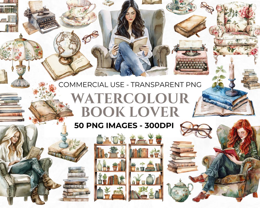 50 Watercolour Book Clipart, Book Lover Clipart, Back to School ...
