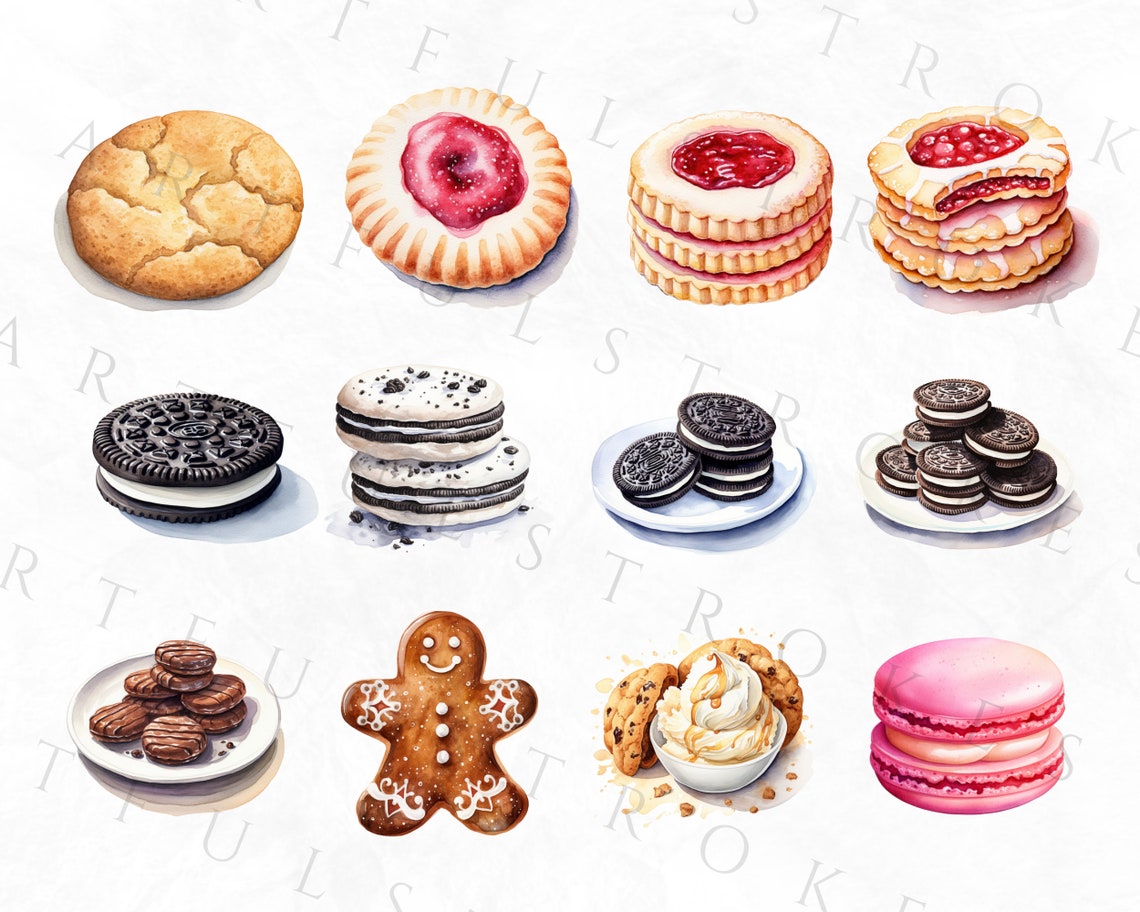 65 Watercolour Cookie Clipart, Elements for Cafe Clipart, Food PNG ...