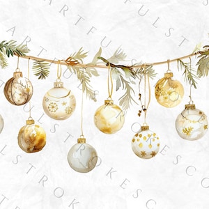 Watercolour Christmas Baubles Clipart, Gold and White Christmas Clipart ...